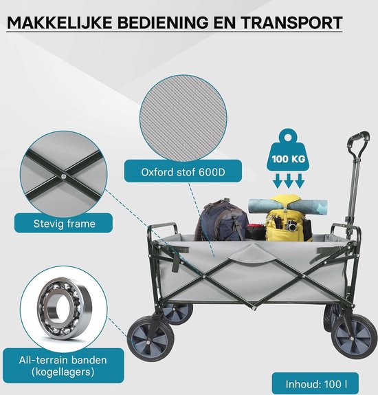 Opvouwbare Bolderkar voor Transport tot 100 kg - Offroad Handkar met ...