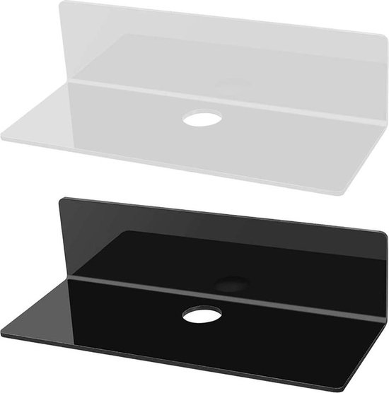 Zwevende planken wandrek - acryl - kabelhaak - kabelgat - wekkers ...