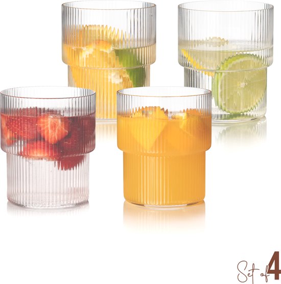 MÊZON® Stijlvolle Glazenset - Geribbelde Design Glazen - Set van 4 Kristalglazen - 190... | bol