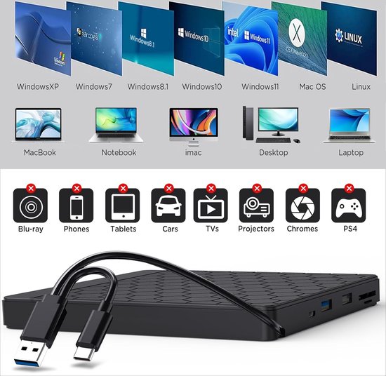 Extern DVD Brander USB 3.0 Type-C - Draagbare CD/DVD Lezer/Schrijver ...