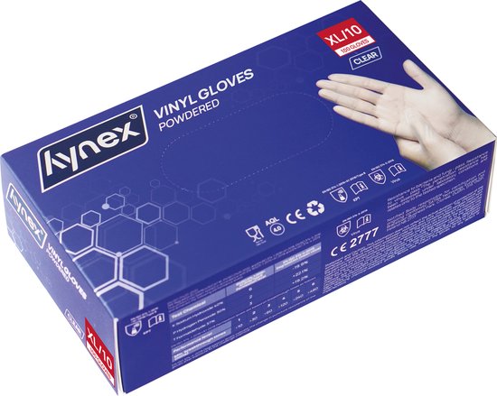 Hynex Vinyl handschoenen XL 100/doos 4,5gram Gepoederd Transparant/ Wit ...