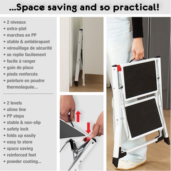 MSV Huishoudtrapje - inklapbaar - met 2 treden - metaal - Hoogte 48 cm ...