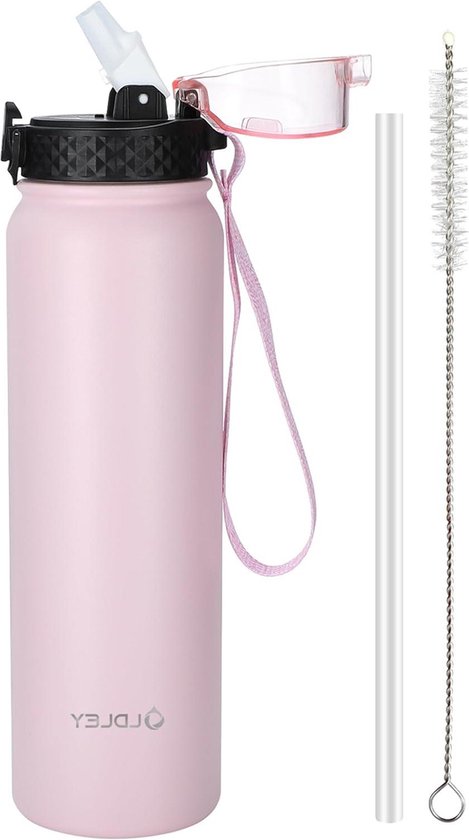 Roestvrijstalen waterfles met rietje 1 liter - vacuüm geïsoleerd ...