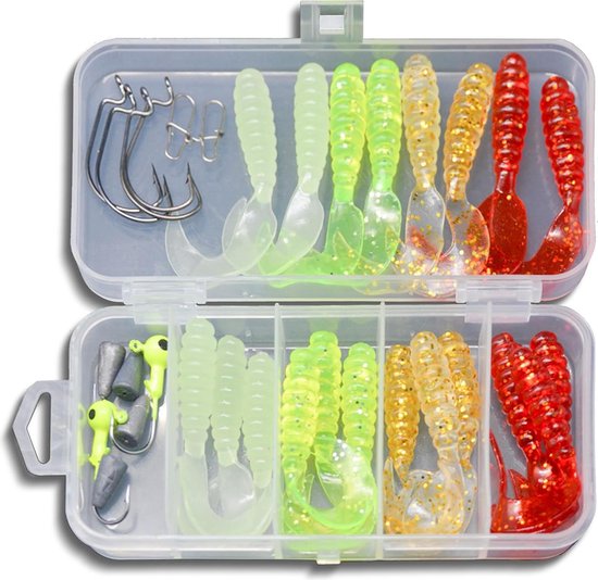 20 Rubber Fish Texas Rig Fishing Rod Set - Offset Hooks Bull Leads Duo ...