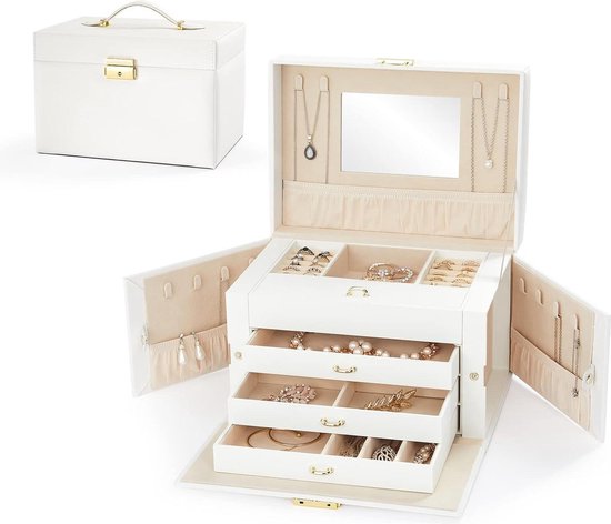 Large Jewellery Box with 4 Levels Lockable Drawers and Mirror - White ...