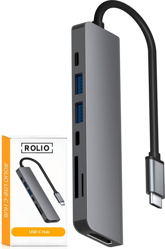 Rolio USB C Hub - 1x HDMI 4K - 2x USB-C - 2x USB-A - 2x Kaartlezer - USB Splitter -... | bol