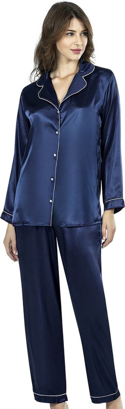 Satijn Dames Pyjamaset- Luxe Pyjama- Nachtkleding Donkerblauw Maat XL | bol