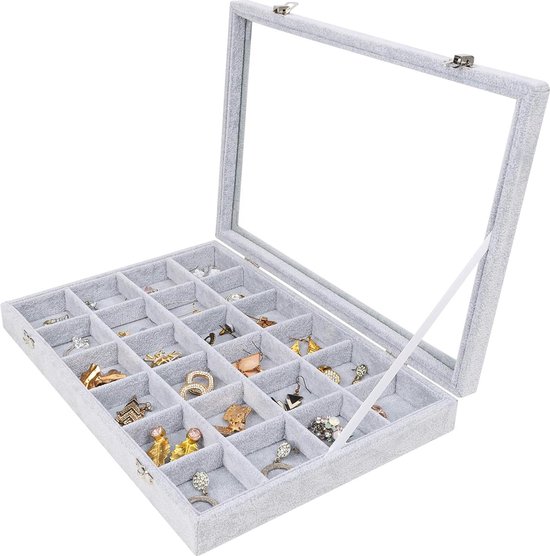 Velours Sieraden Organiser Display Doos met 24 Secties en Glazen Deksel ...