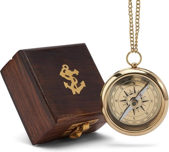6cm kompas anker gravure met ketting - houten kistje messing goud ...