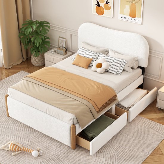 140*200cm plat bed, gestoffeerd bed, kinderbed, wit hoofdeinde, dubbele ...