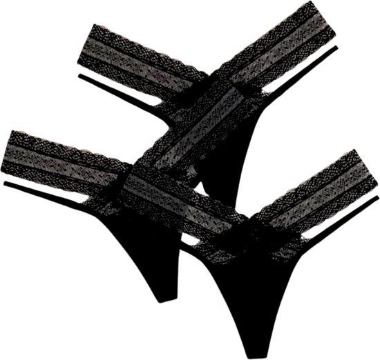 3 Pack - Sexy Dames String met Kant - Zwart - High Waist Slip - Vrouwen ...