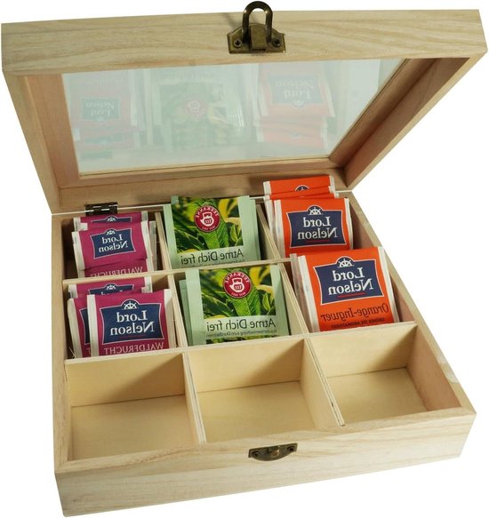 Opbergdoos houten theedoos theepot 9 vakken kijkvenster Theedoos | bol