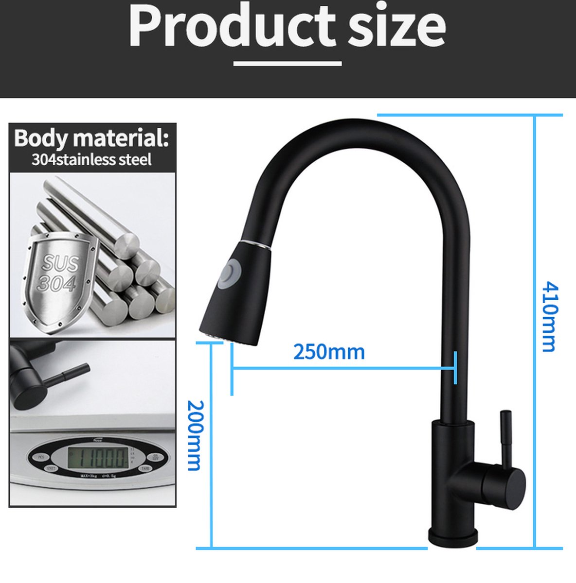 Zwarte Uittrekbare Keukenkraan RVS | Boog vormig | Keukenkraan Zwart | Mengkraan |... | bol.com