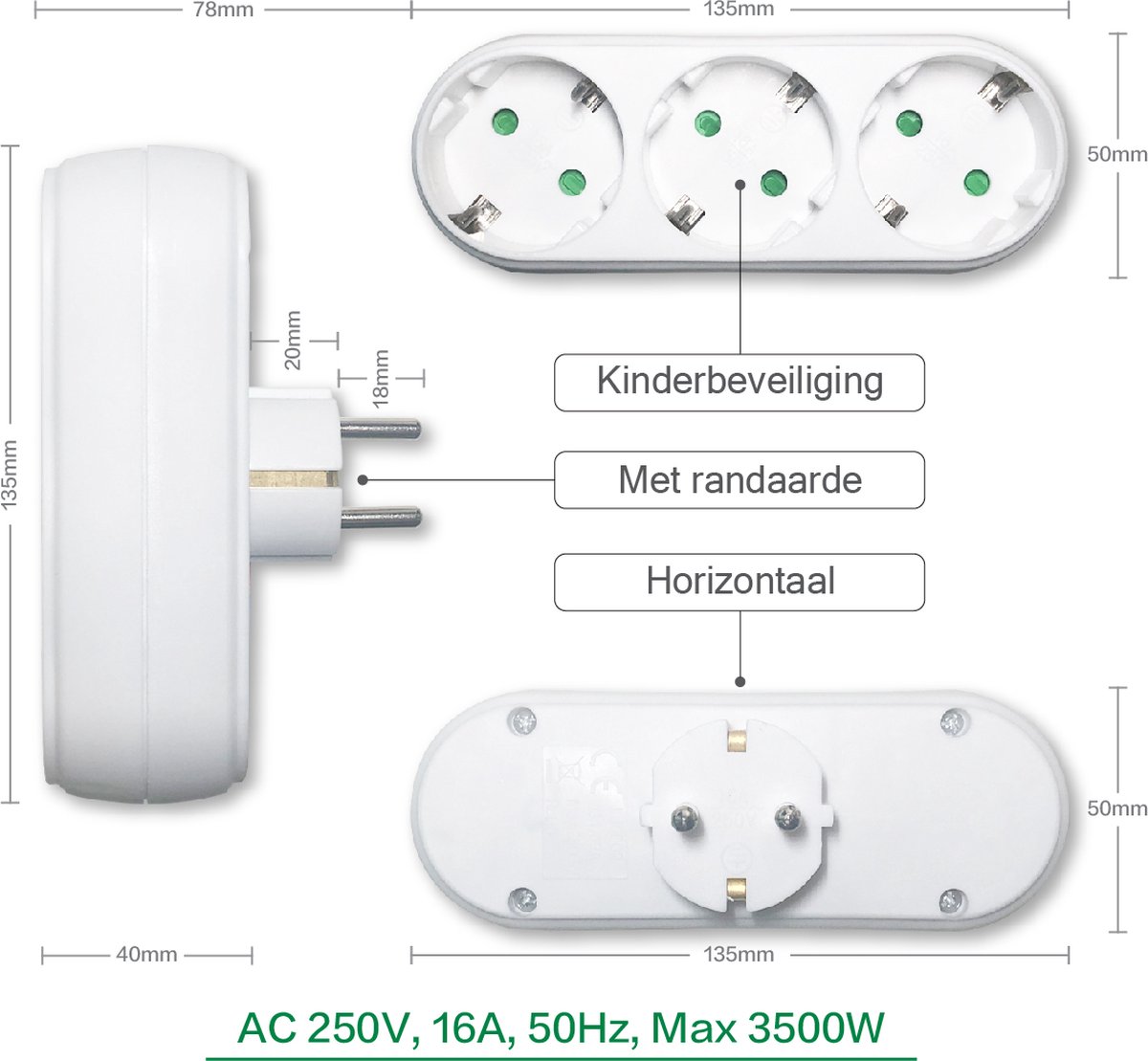 Colorful Sun® Stopcontact splitter - Verdeelstekker - Horizontaal ...