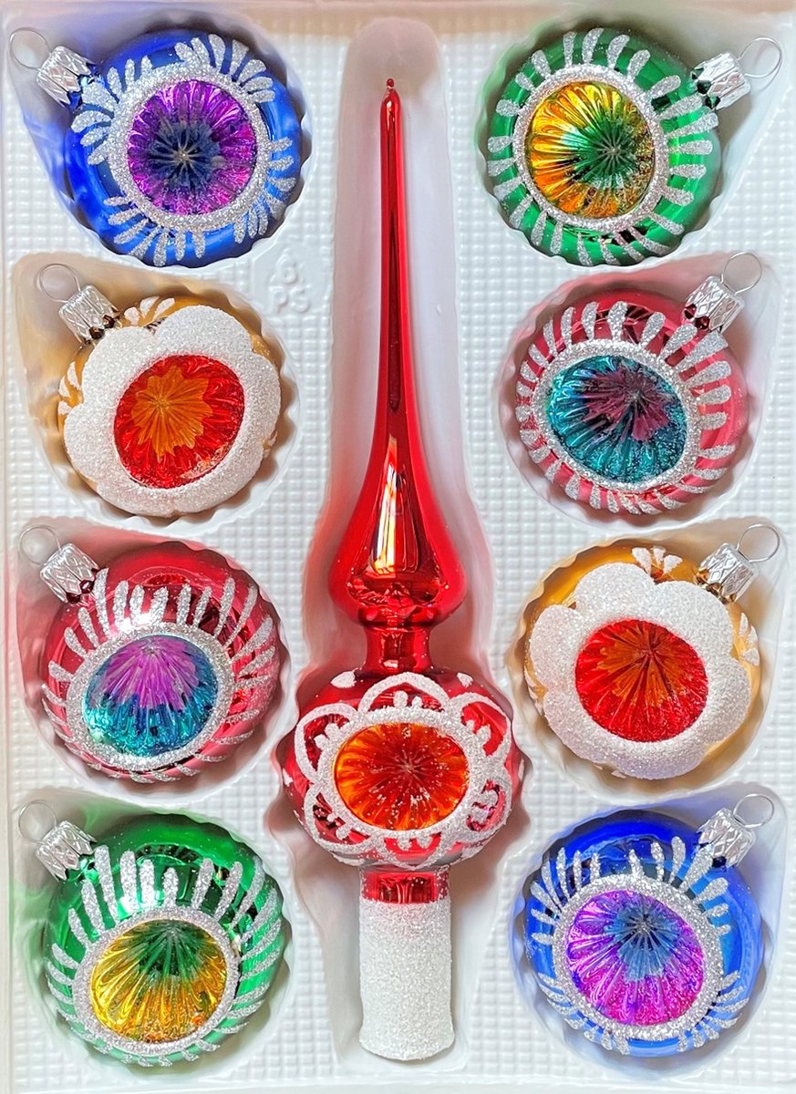 Kerstversiering - 8 retro kerstballen + 1 piek - kerstballen glas ...
