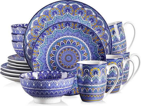 Servies Set - Blauw - 16 delige Boheemse Mandala patroon groen ...