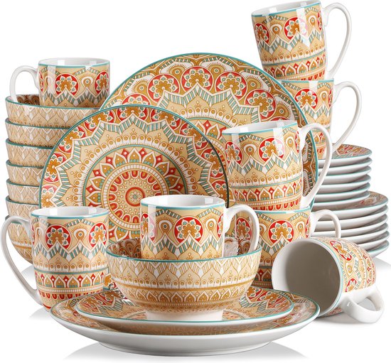 Servies Set - Geel - 32 delige Boheemse Mandala patroon groen ...