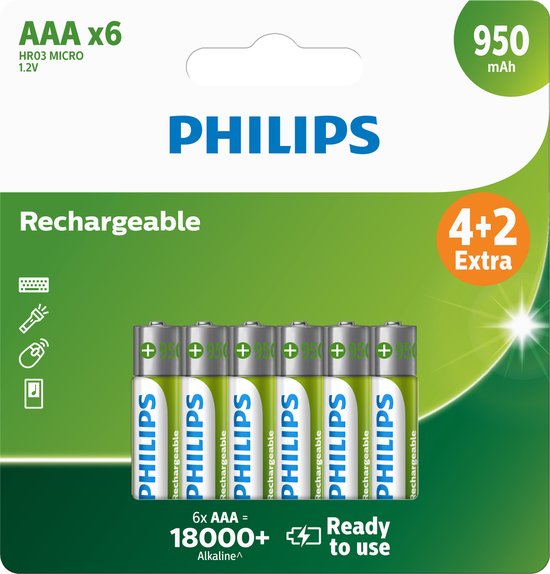 Philips AAA Batterij - 950mah - Rechargeable - 6 pack | bol