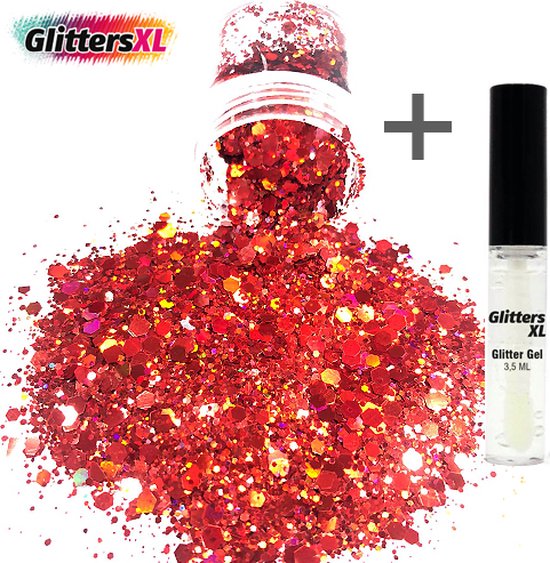 GlittersXL - Chunky Glitters (Rood) + Glitter Huid Lijm [Volume 8g ...