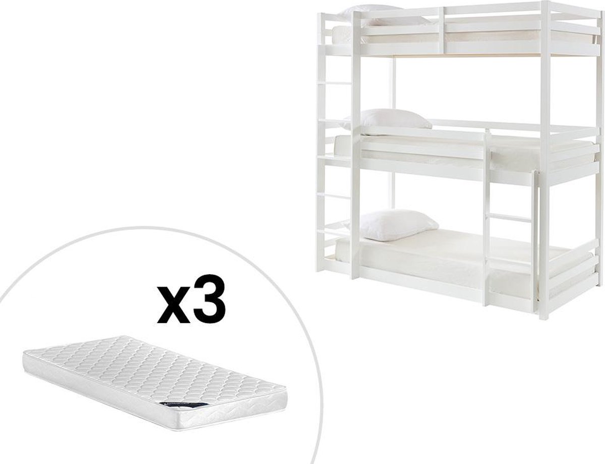 Lit superposé triple - 3 x 90 x 200 cm - Pin - Wit + matelas - VAGAR L ...