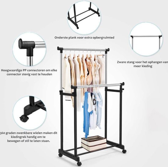 Kledingrek op wieltjes - Kleding Rek - verstelbaar Hoogte 90-160 Cm ...
