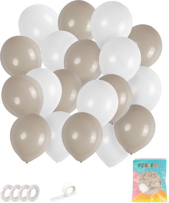 Festivz 40 stuks Lichtbruin Witte Ballonnen met Lint – Decoratie ...