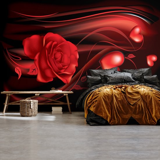 Fotobehang - Vliesbehang - Romantisch - Roos - Hartjes - Liefde ...