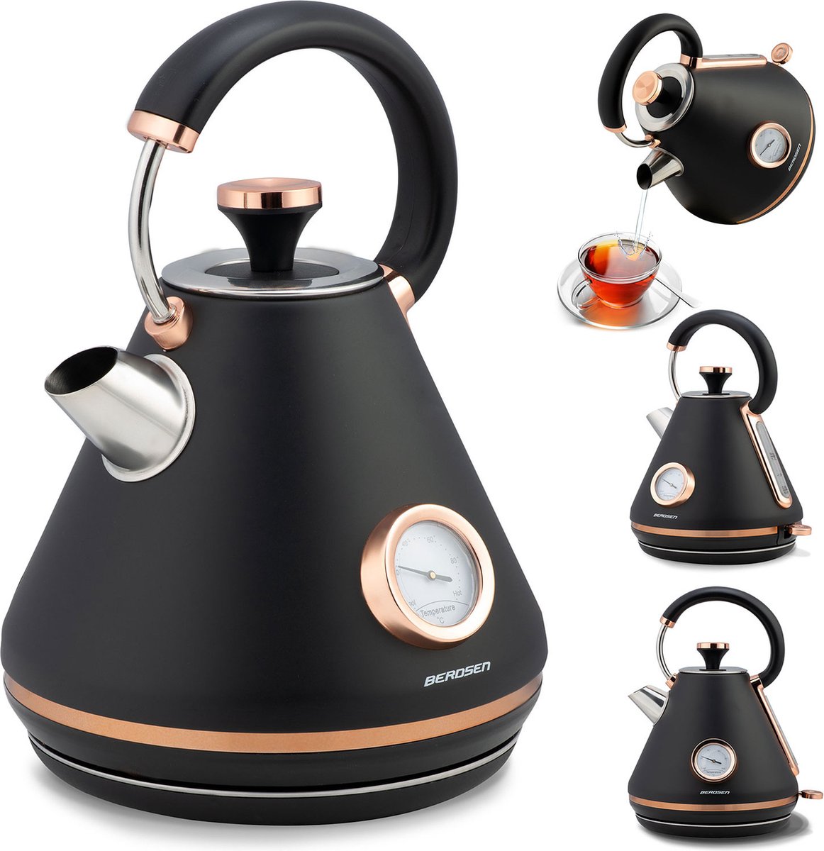 Waterkoker retro - zwart - 1,7 L - met temperatuurmeter | bol.com