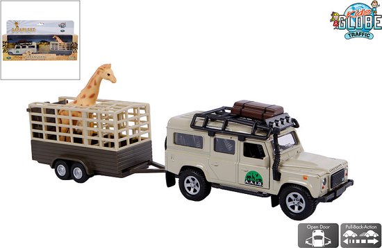 Kids Globe Die Cast pull back Landrover met Giraffe trailer | bol