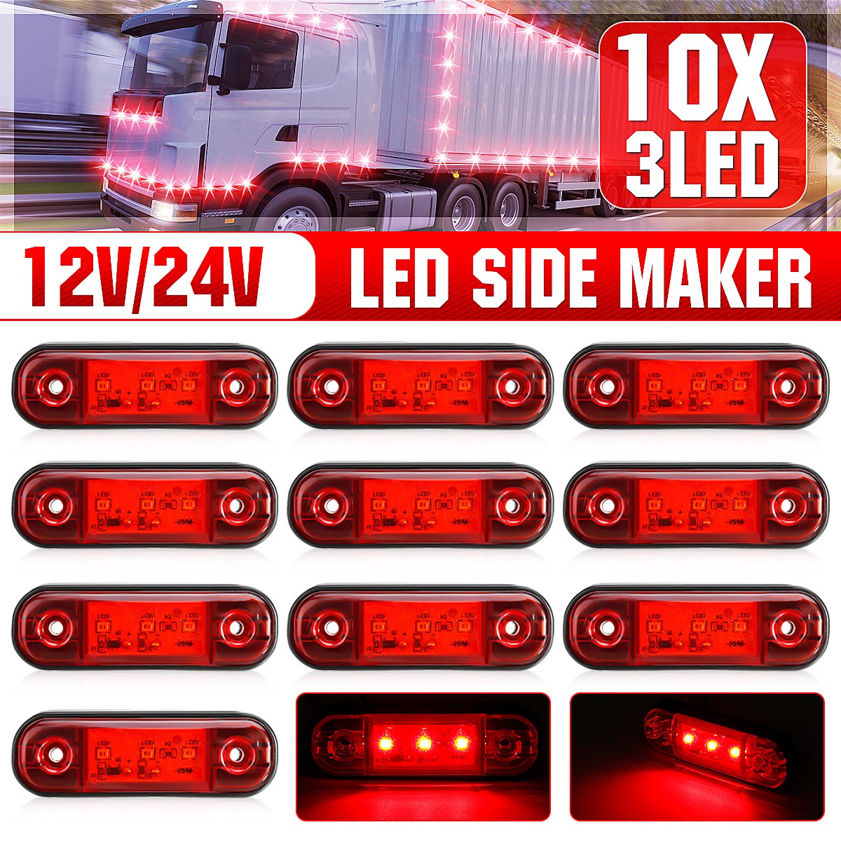 10 stuks LED Zijmarkeringslichten Waarschuwing Signaal Rood Waterdicht ...