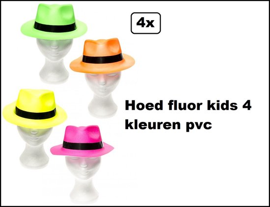 4x Hoed fluor kids 4 kleuren pvc mt.55-58 - Kids festival themafeest ...