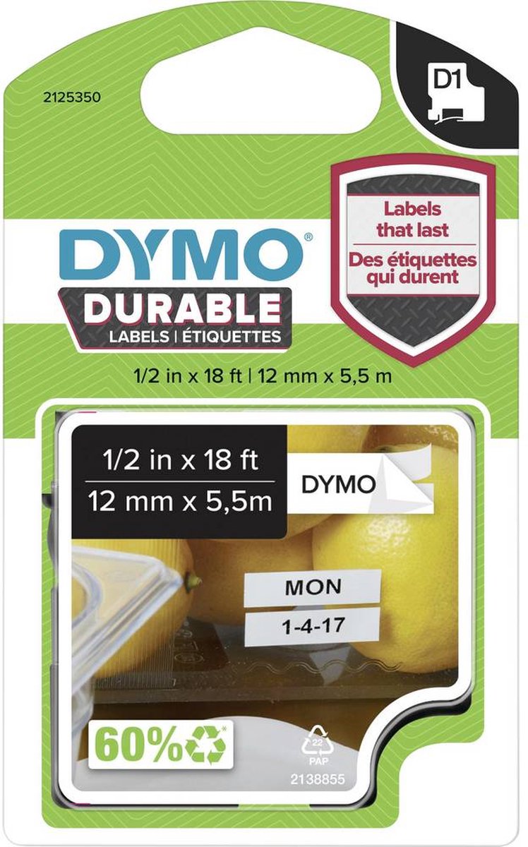 DYMO originele D1 Duurzame labels | Zwarte Tekst op Wit Label | 12 mm x ...