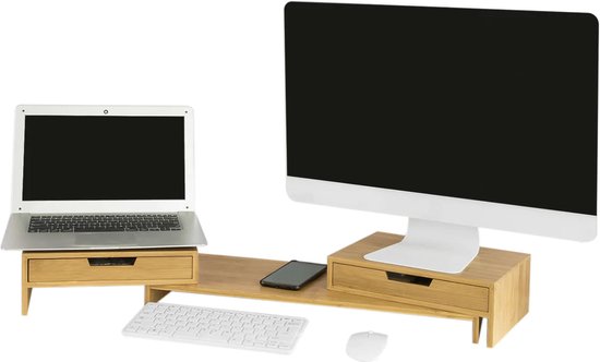 Mara Monitorstandaard - Monitor Verhoger - 2 lades - Bamboe - 60 x 22 x ...