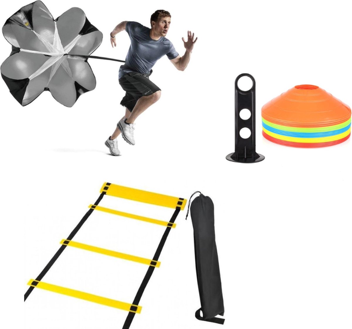 Agility Training set van 3 - Loopladder , 50 Stuks Pionnen en Running Parachute -... | bol.com