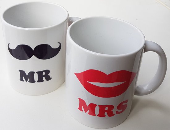 Mokken set Mrs Kiss en Mr Moustache - mok - mr - mrs - bruid ...