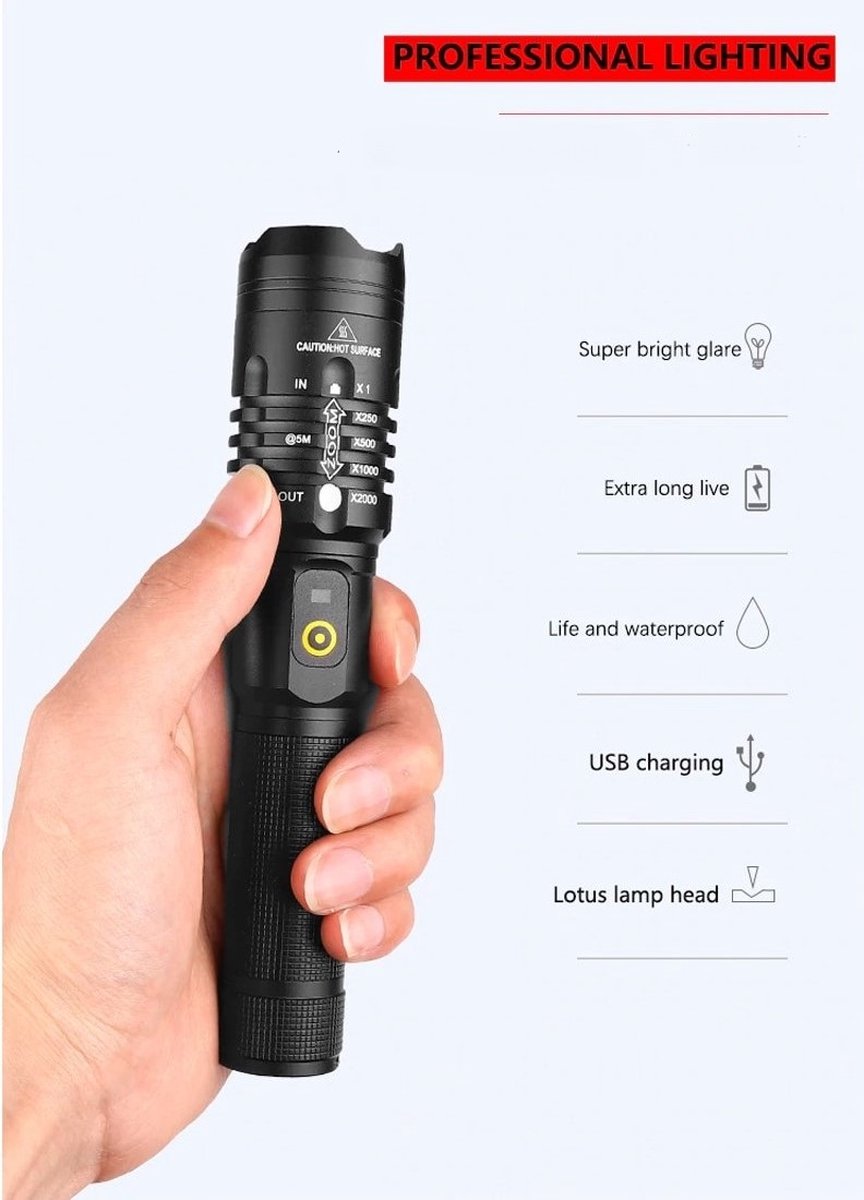 Oplaadbare LED-zaklamp 5000 lumen 3200 XHP 50.2 PROFESSIONAL-XLED - krachtig... | bol