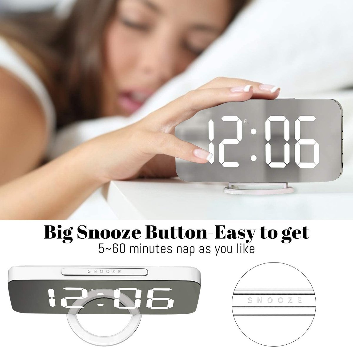 Digitale wekker met spiegel - LED-display met USB-oplader en snooze ...