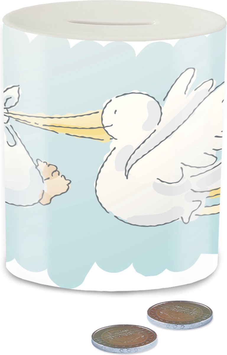 Spaarpot - Spaarblik - Kindertekening van een ooievaar en een baby in ...