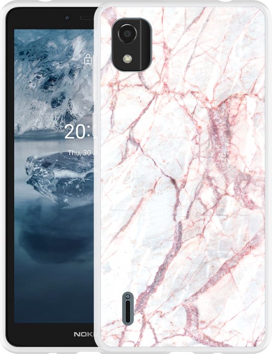 Hoesje geschikt voor Nokia C2 2nd Edition White Pink Marble | bol