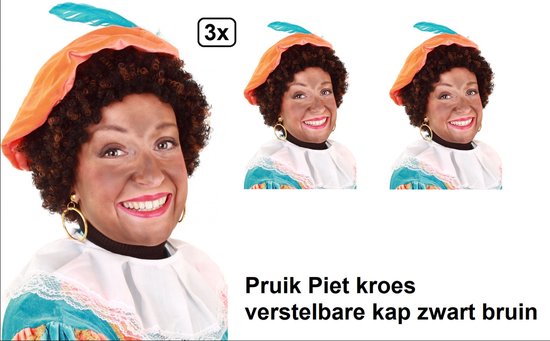 3x Pieten pruik luxe kroes bruin-zwart verstelbare kap - Sinterklaas ...