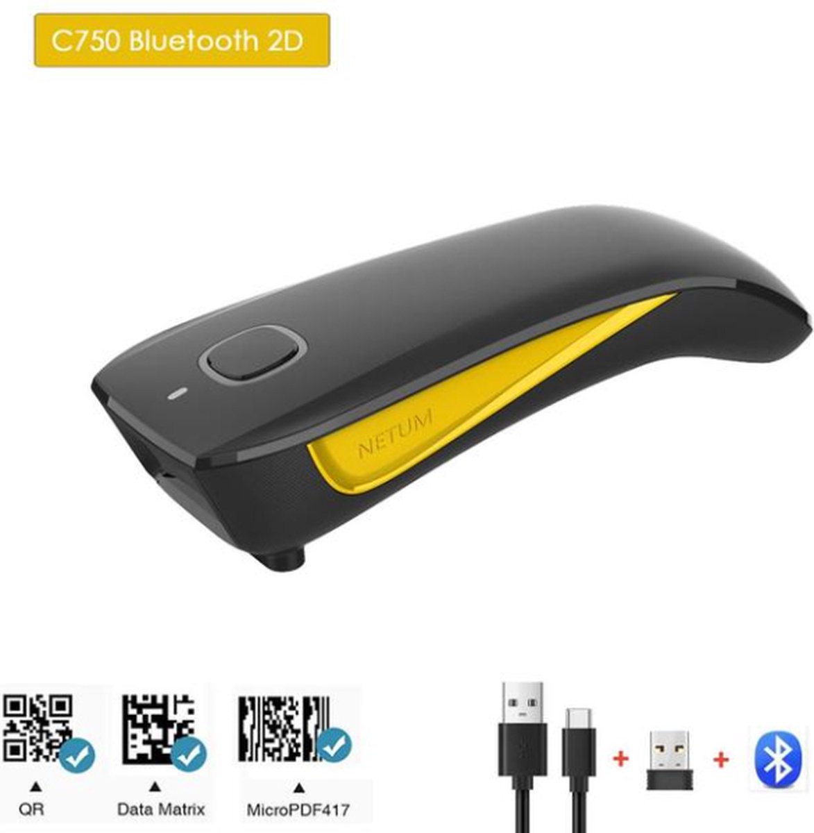 Netum Barcode Scanner - Barcode Scanner Draadloos - Zwart met Geel ...