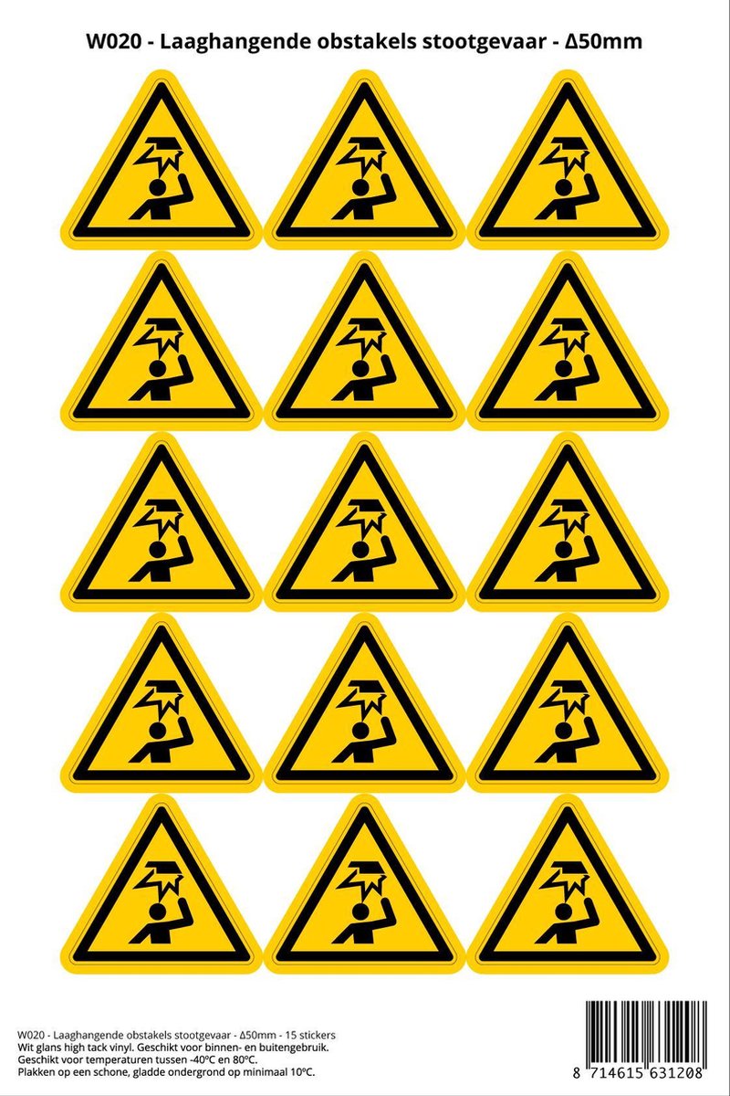 Pictogram sticker W020 - Laaghangende obstakels stootgevaar - Δ50mm ...