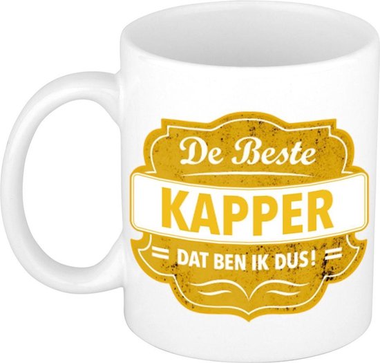 De beste kapper cadeau koffiemok / theebeker wit met geel embleem - 300 ml - keramiek... | bol