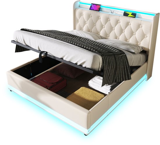 Gestoffeerd tweepersoonsbed, 360° LED-verlichting rondom, bediening via ...