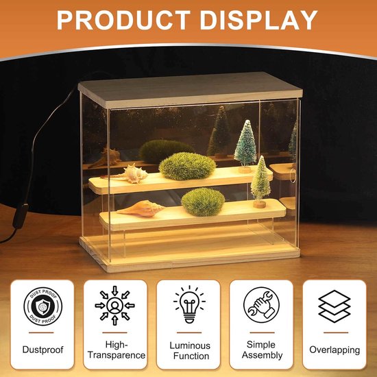 3-laags transparante acryl displaykast - met LED-verlichting en houten ...