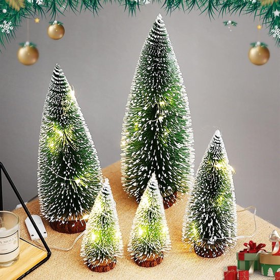 Mini Christmas Trees Set - 8 Pieces with LED Lights and Wooden Base for ...