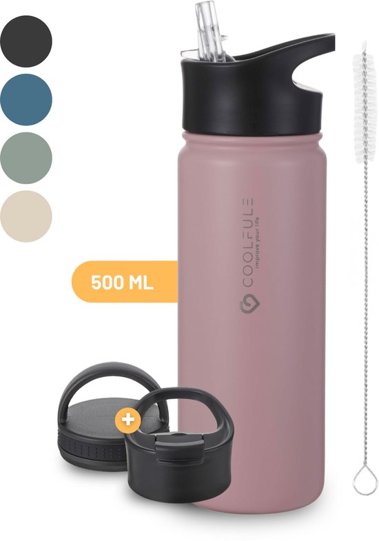 CoolFule Drinkfles - Roze - Waterfles met Rietje - RVS Drinkfles - 500 ...