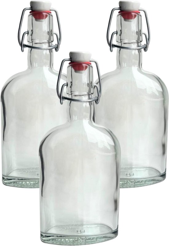 3x platte beugelfles 350ml | porseleinen dop | Luchtdicht | fles met ...