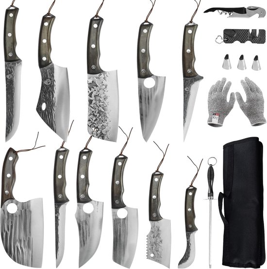 17-delige Slagerchef Messenset - Hoge Kolenstaal Keukenmessen voor BBQ ...
