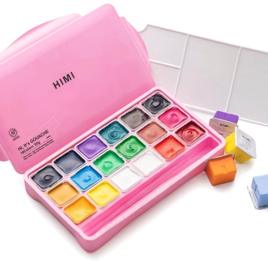HIMI Gouache - 18 kleuren x 30gr - in kunststof opbergbox roze | bol